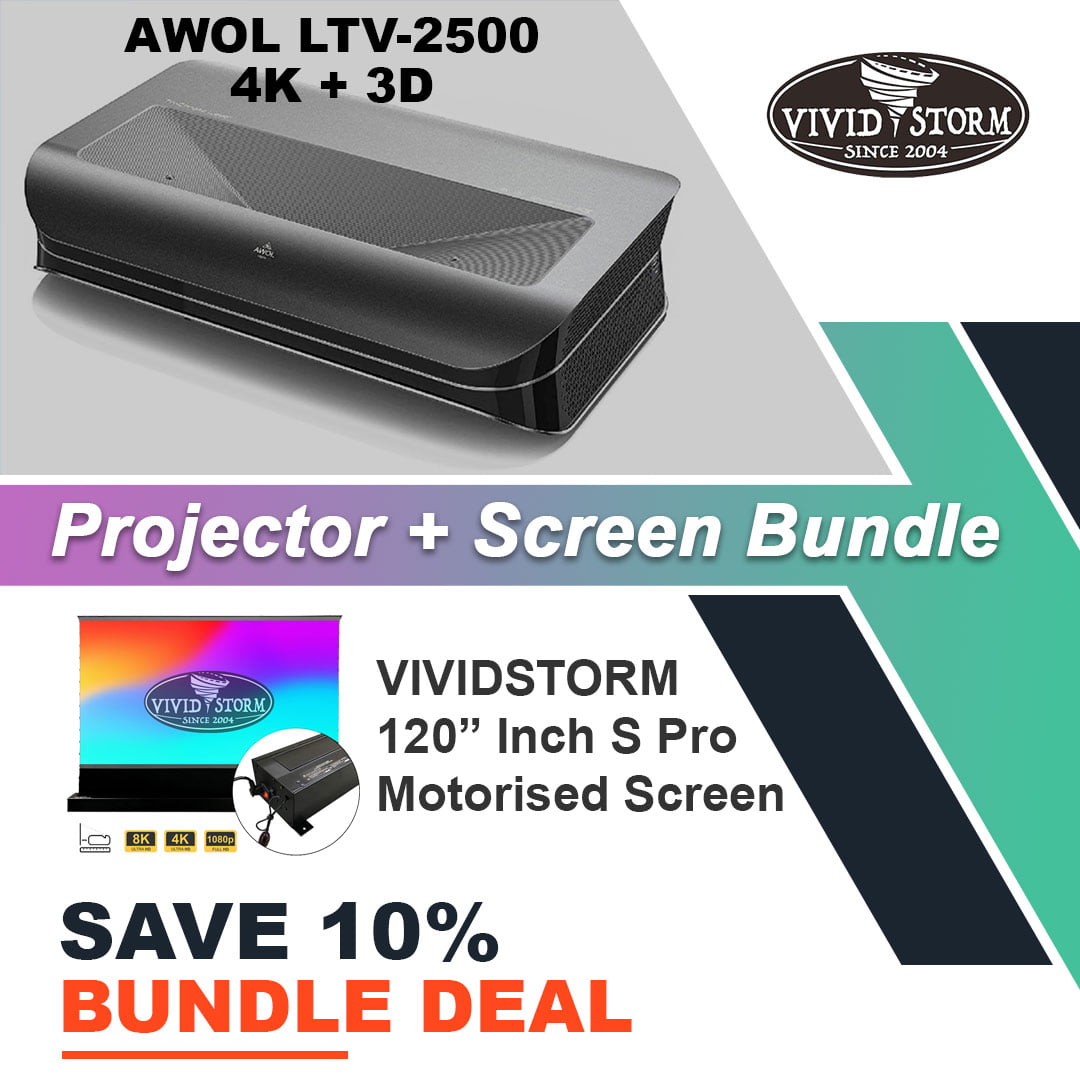 AWOL Vision 4K 3D Triple Laser Projector LTV-2500 + VIVIDSTORM S Pro CLR Projector Screen Bundle ...